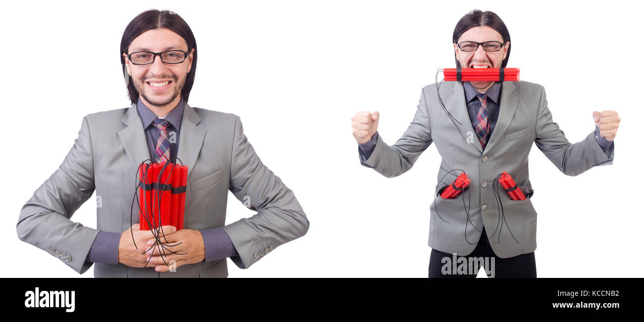 Young businessman holding dynamite isolated on white Stock Photo - Alamy