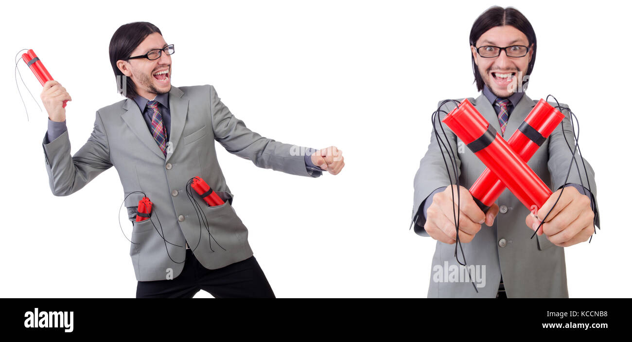 Young businessman holding dynamite isolated on white Stock Photo - Alamy