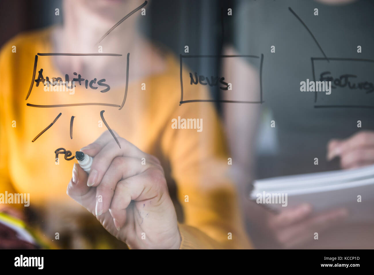 Woman writing notes on the glass board at the office Stock Photo - Alamy