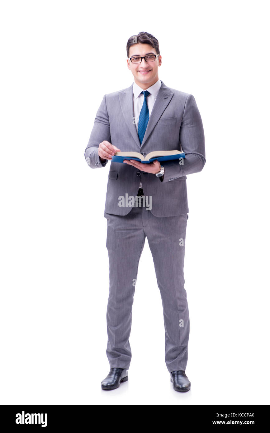 Businessman student reading a book isolated on white background Stock ...