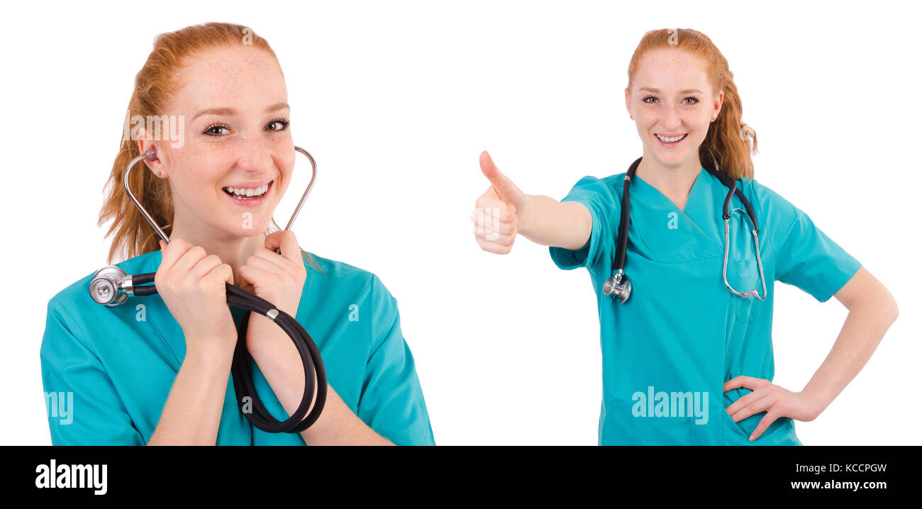 Young medical trainee with stethoscope isolated on white Stock Photo ...