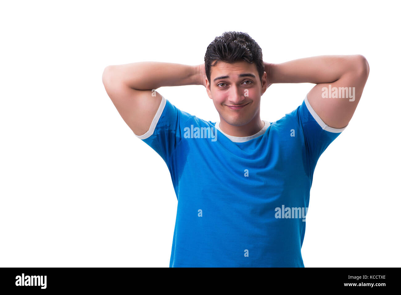 Man sweating excessively smelling bad isolated on white background ...