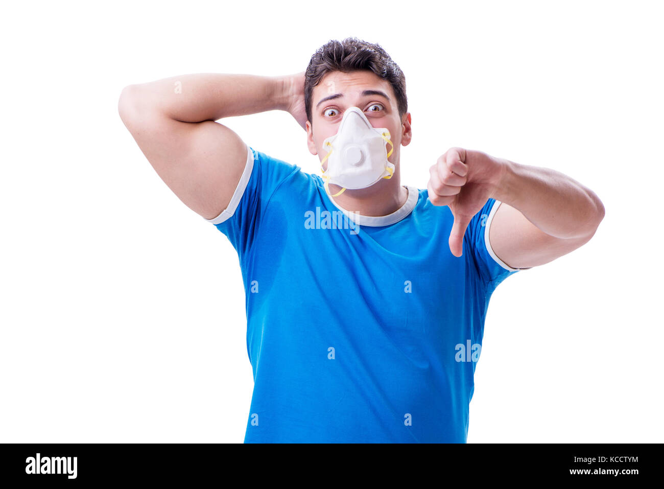 Man sweating excessively smelling bad isolated on white background ...