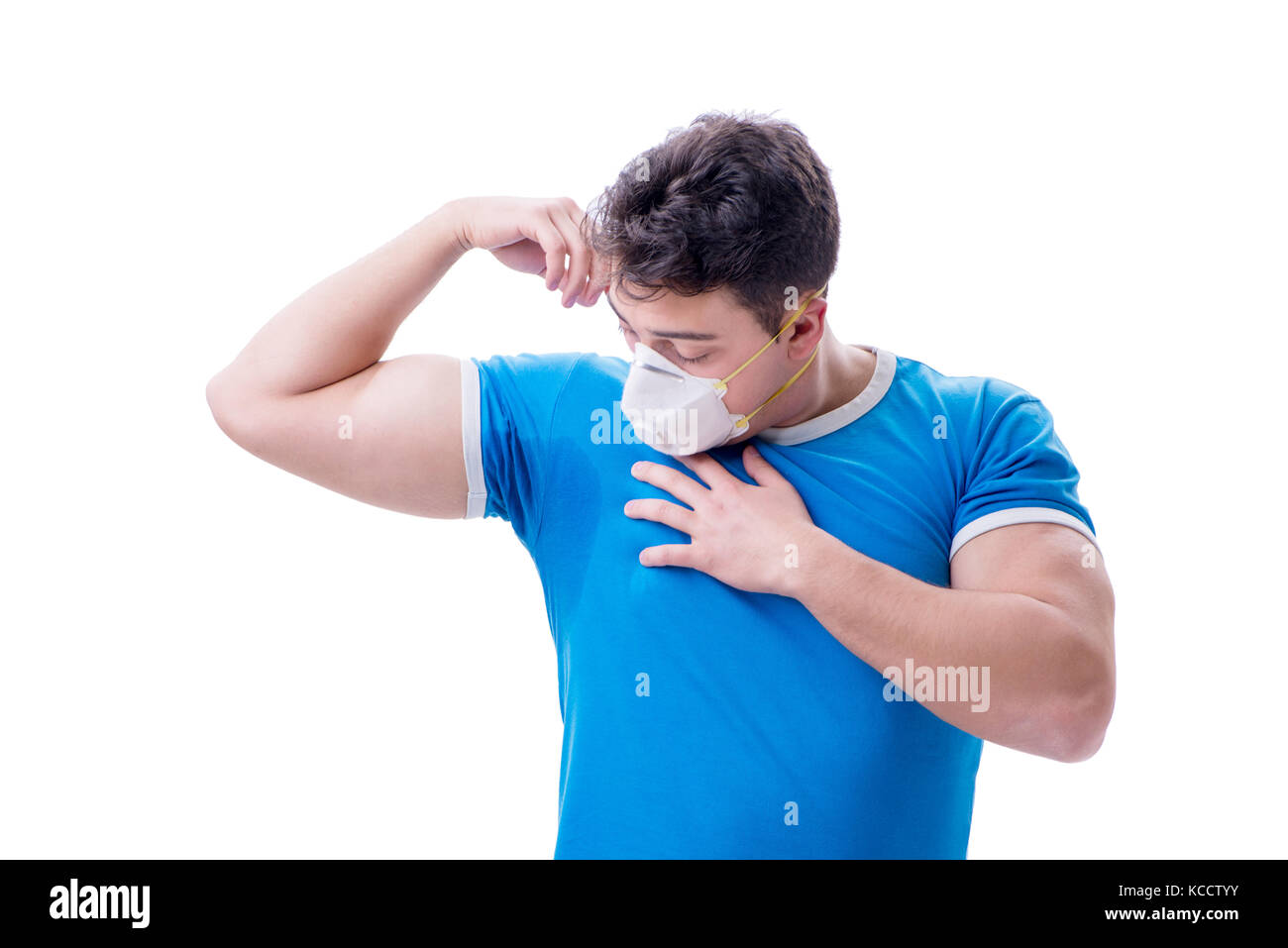 Man sweating excessively smelling bad isolated on white background ...