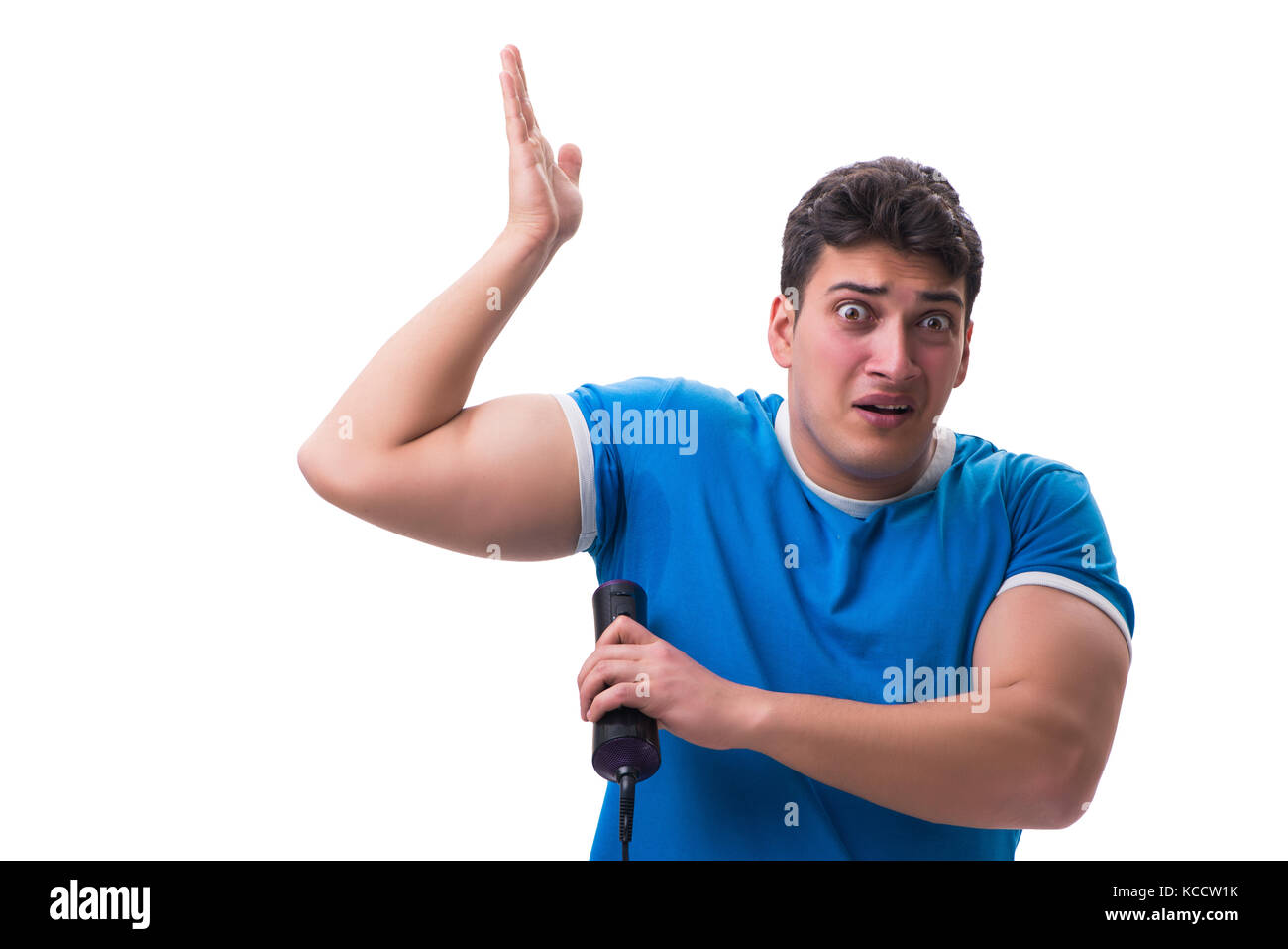 Man sweating excessively smelling bad isolated on white background ...