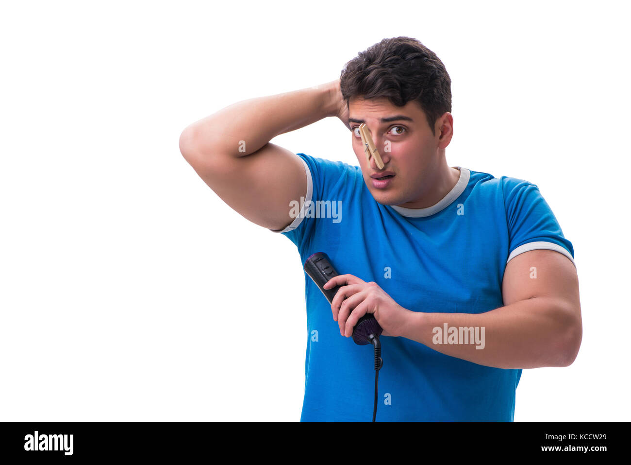 Man sweating excessively smelling bad isolated on white background ...