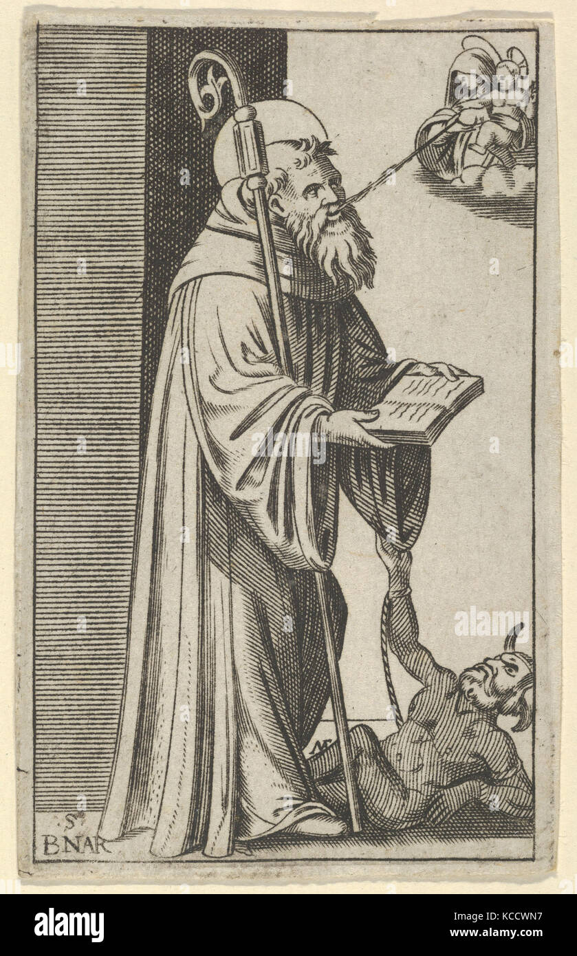 Saint Bernard standing holding an open book, a chained dragon at the ...
