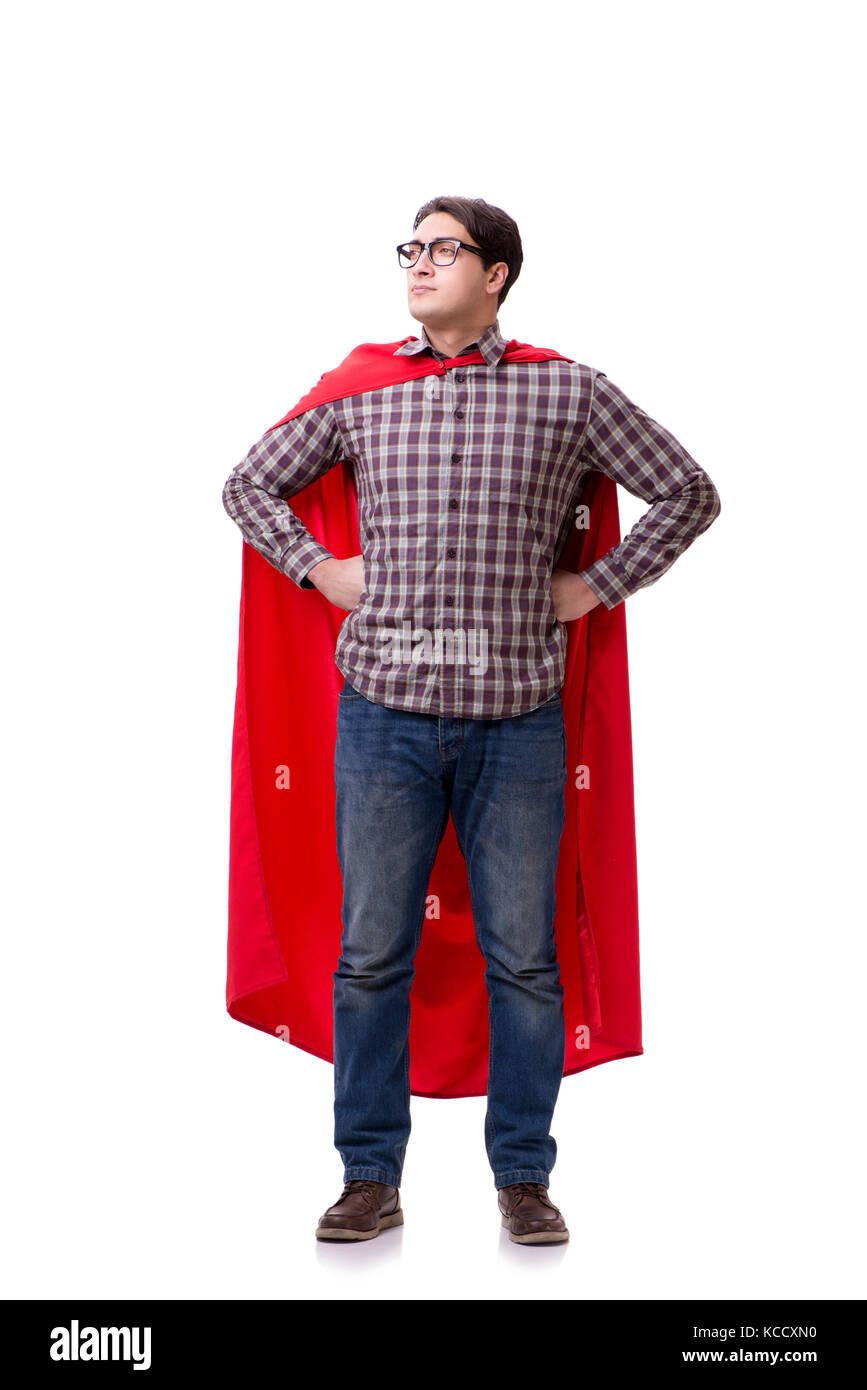 Super hero wearing red cloak on white Stock Photo - Alamy