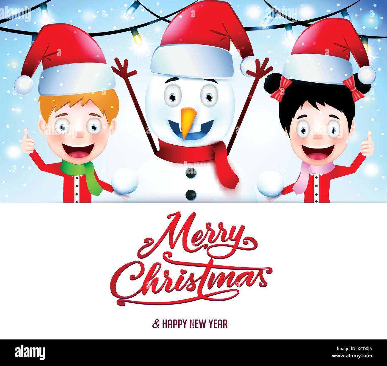 Christmas Message on White Background with Smiling Kids and Snowman ...