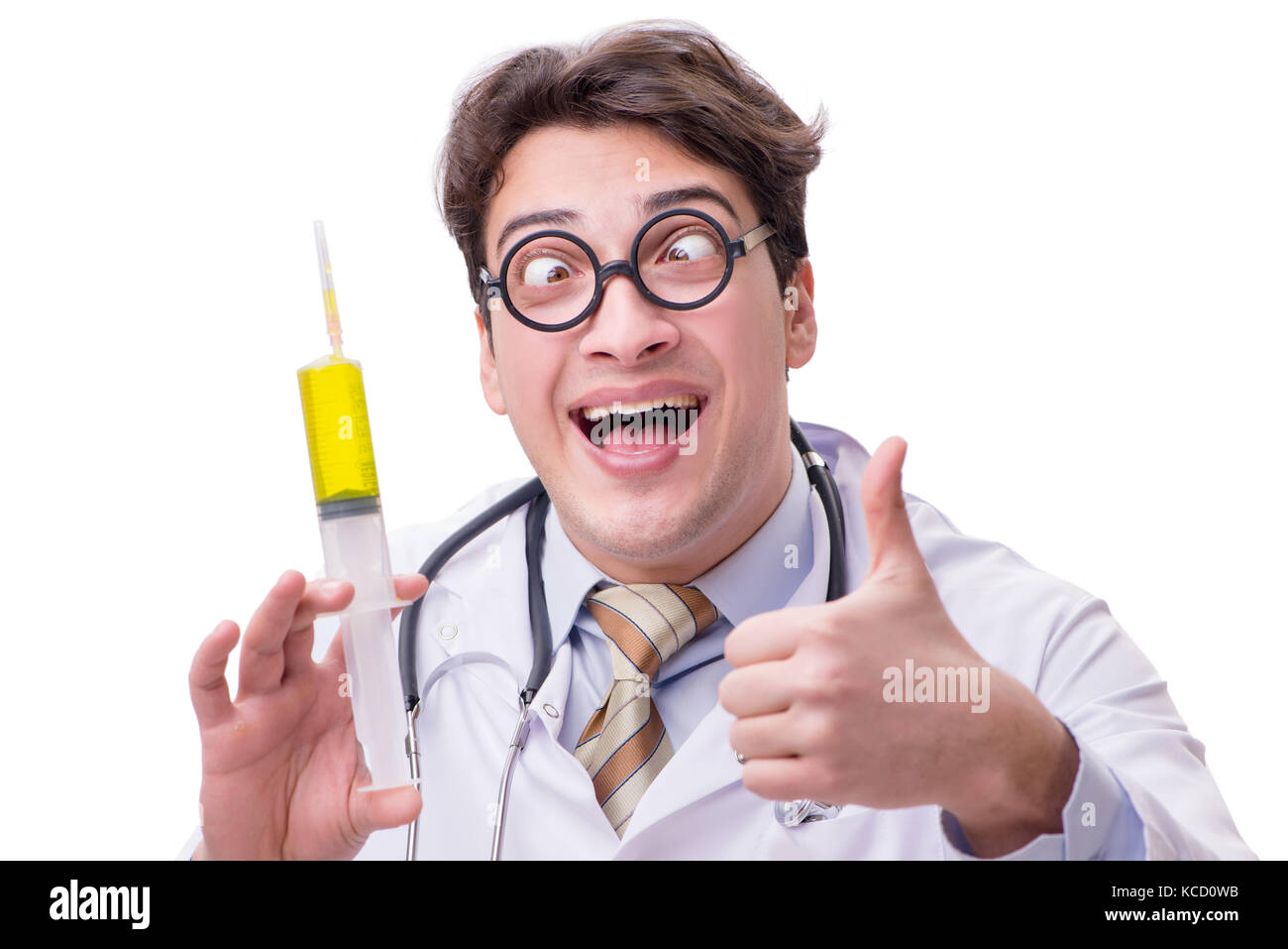 Funny doctor with syringe isolated on white Stock Photo - Alamy