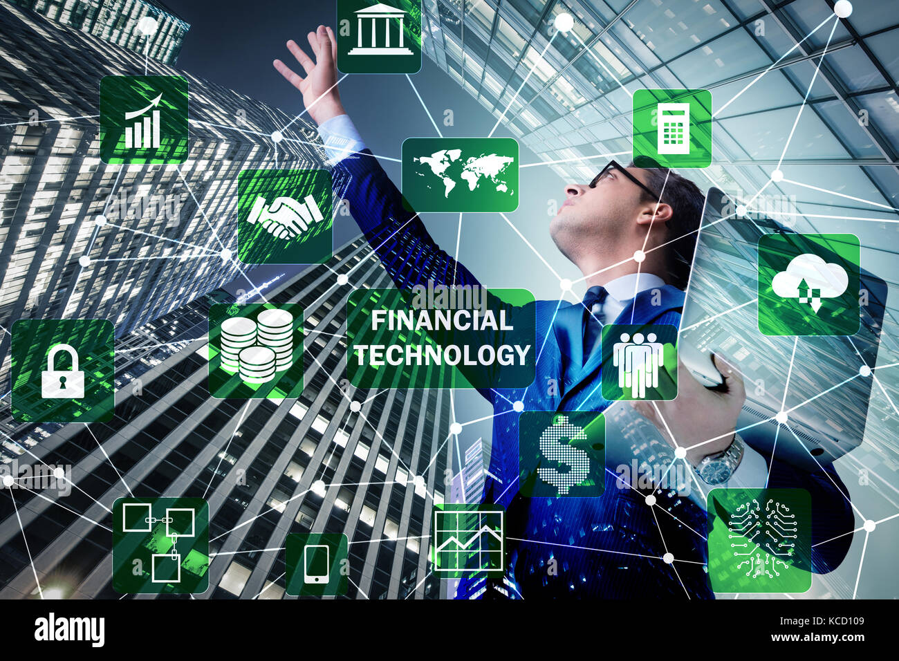 Businesswoman with laptop in financial technology fintech concept Stock ...