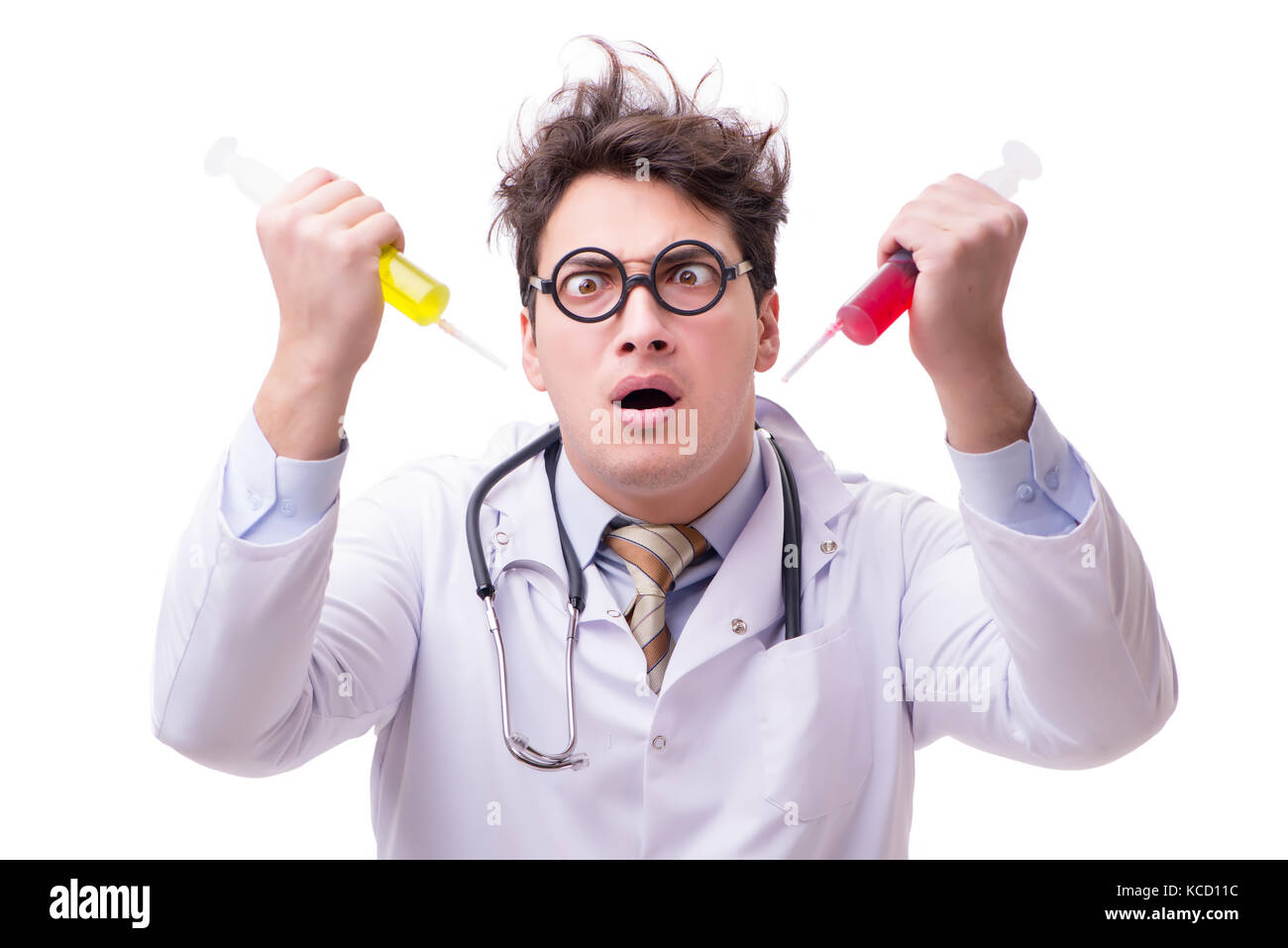 Funny doctor with syringe isolated on white Stock Photo - Alamy
