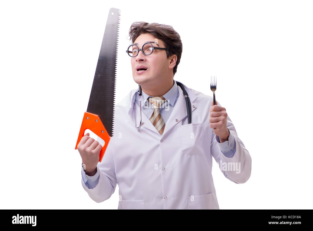 Funny doctor with saw isolated on white Stock Photo - Alamy