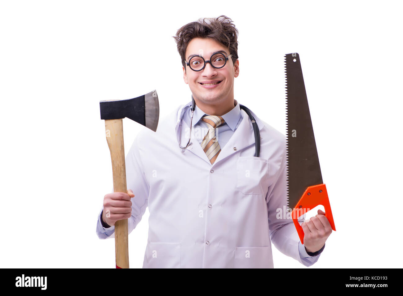 Funny doctor with axe and saw isolated on white Stock Photo - Alamy