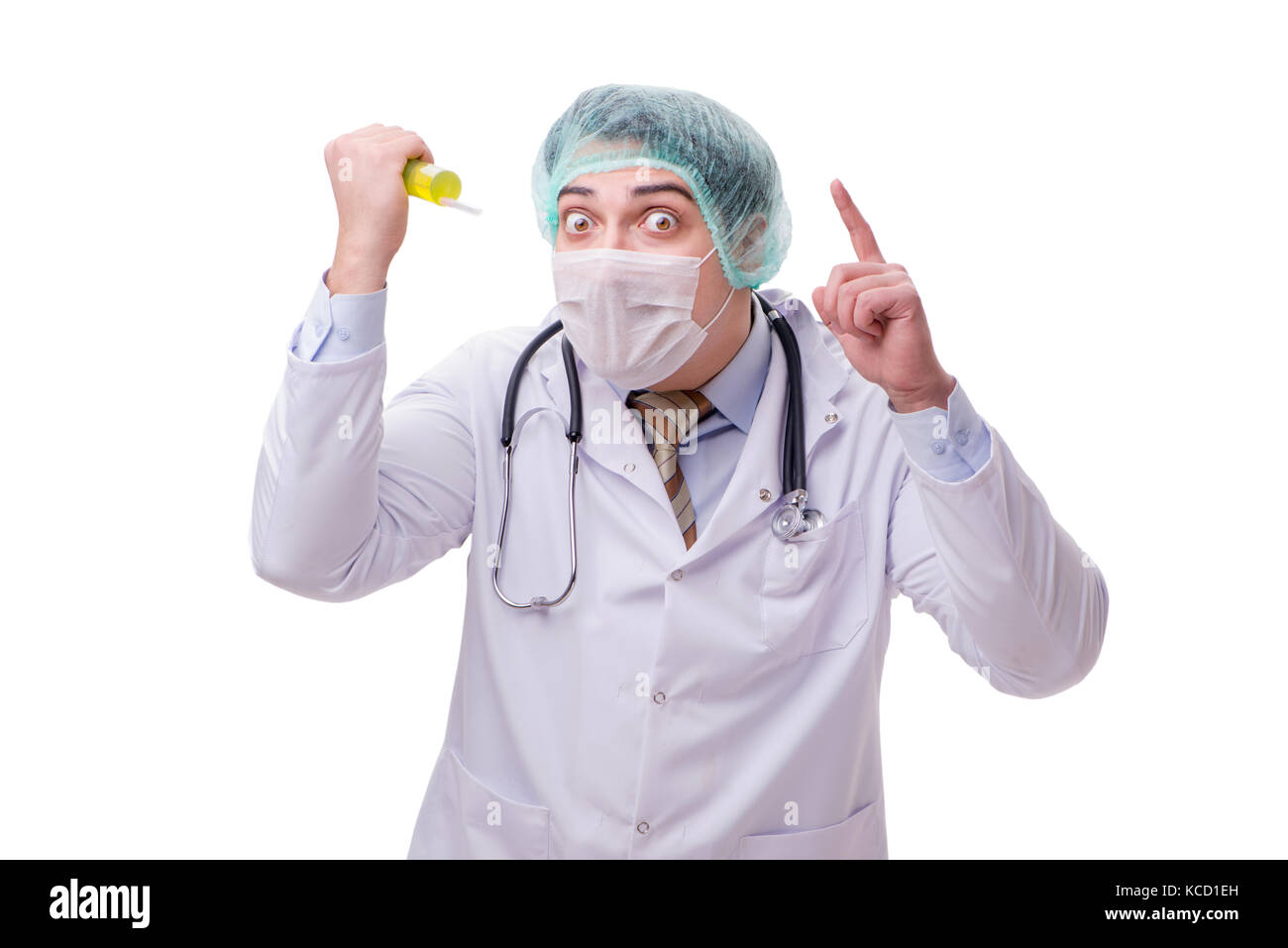 Funny doctor with syringe isolated on white Stock Photo - Alamy