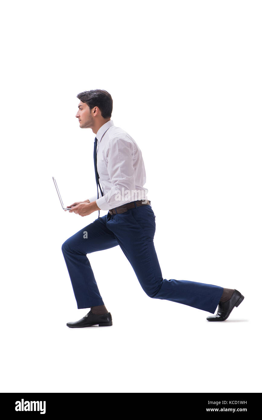 Businessman walking standing side view isolated on white background ...