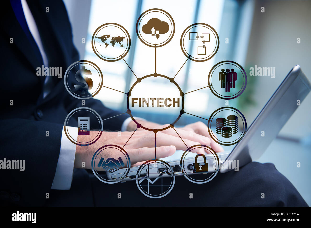 Hands working on laptop in financial technology fintech concept Stock ...