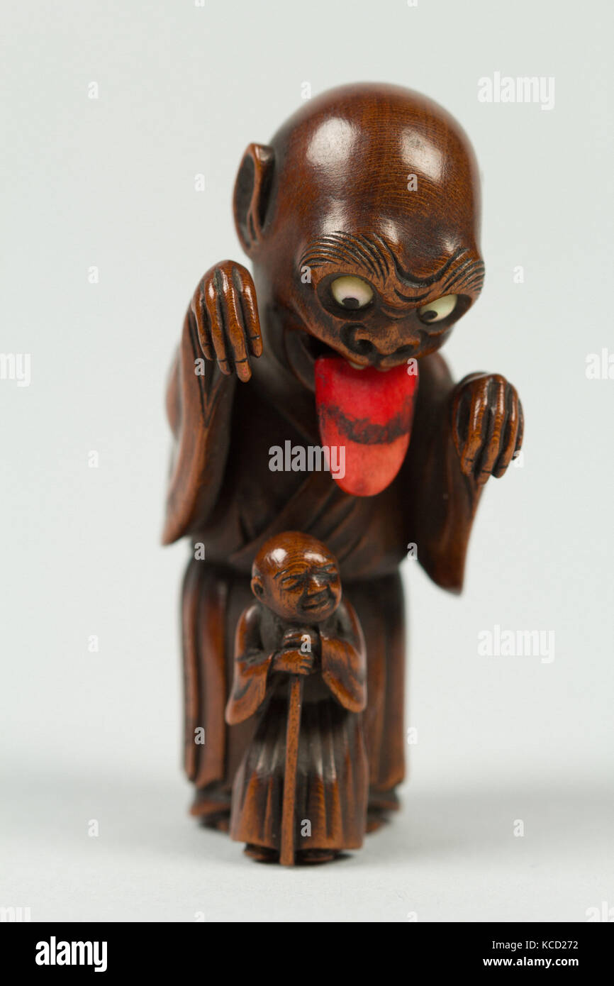 Netsuke of Bakemono and Blind Man, 19th century, Japan, Wood; Inlaid ...