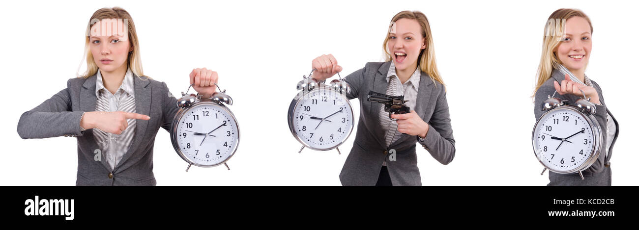 Businesswoman in gray suit holding alarm clock isolated on white Stock ...