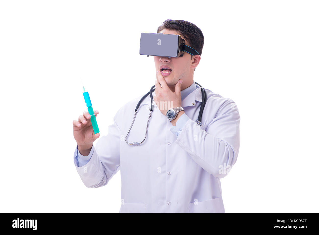 Doctor wearing a vr virtual reality headset isolated on white ...