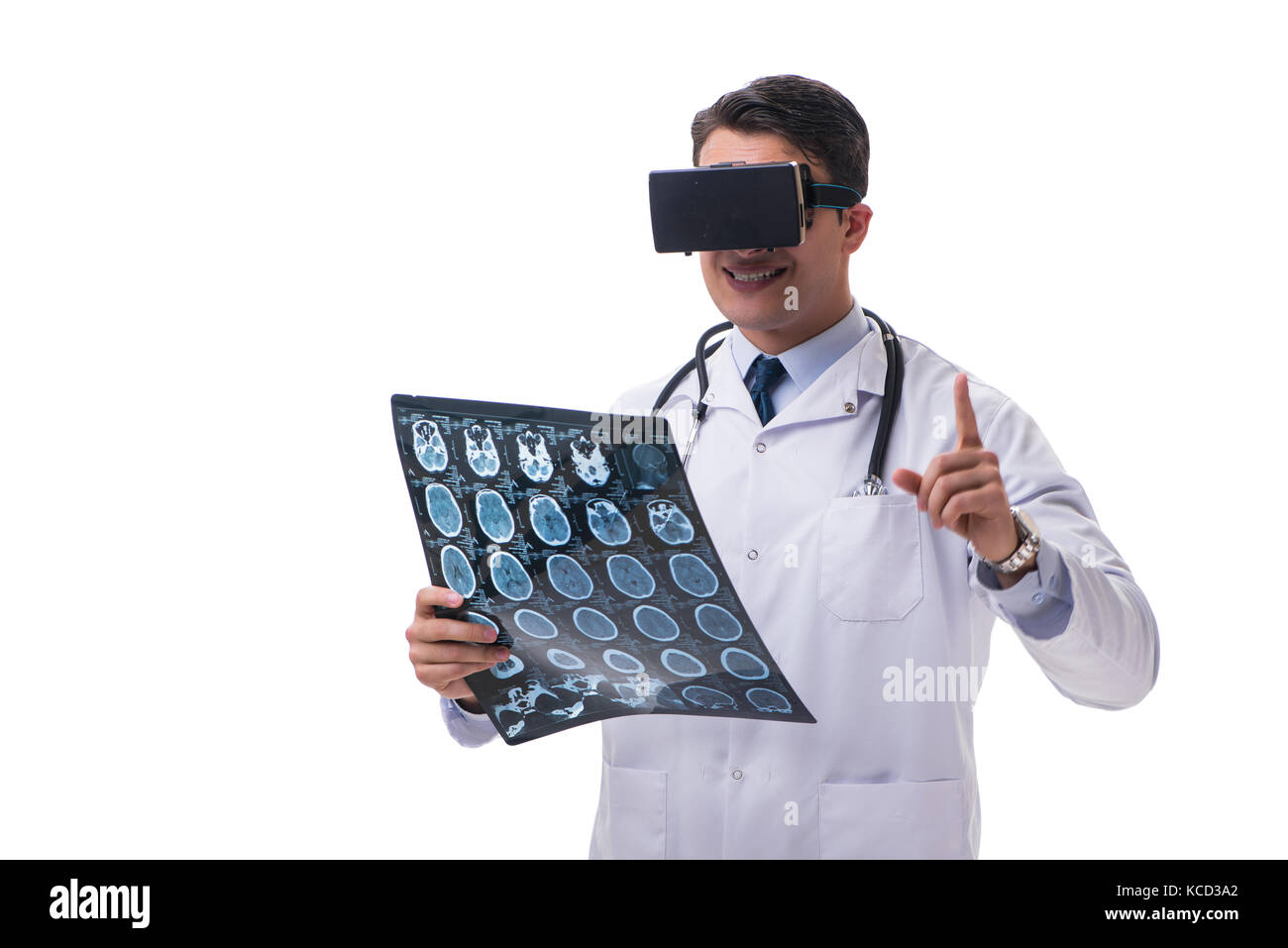 Doctor wearing a vr virtual reality headset isolated on white ...