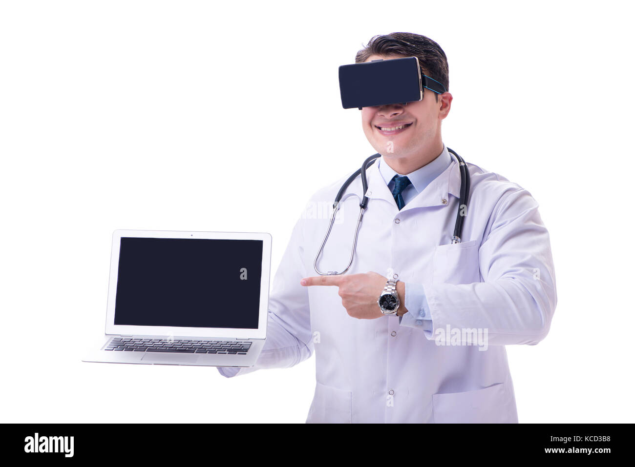 Doctor wearing a vr virtual reality headset isolated on white ...