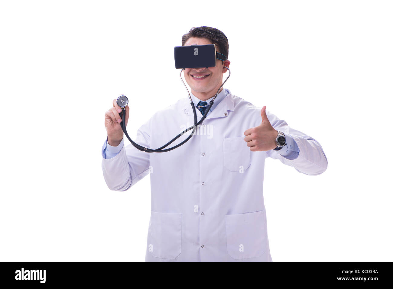 Doctor wearing a vr virtual reality headset isolated on white ...