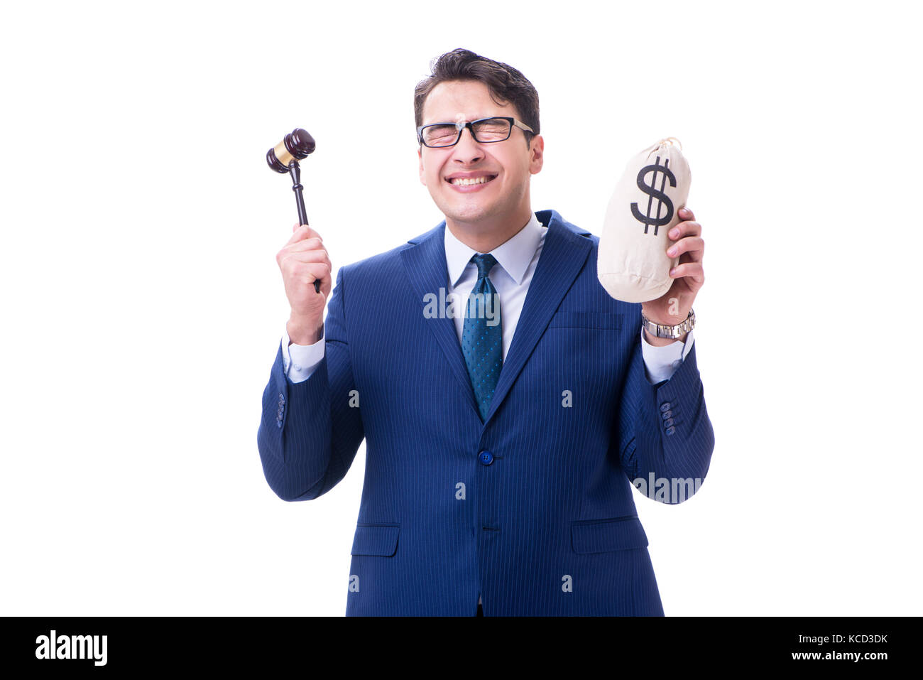 Lawyer with a gavel and a moneybag money bad isolated on white Stock ...