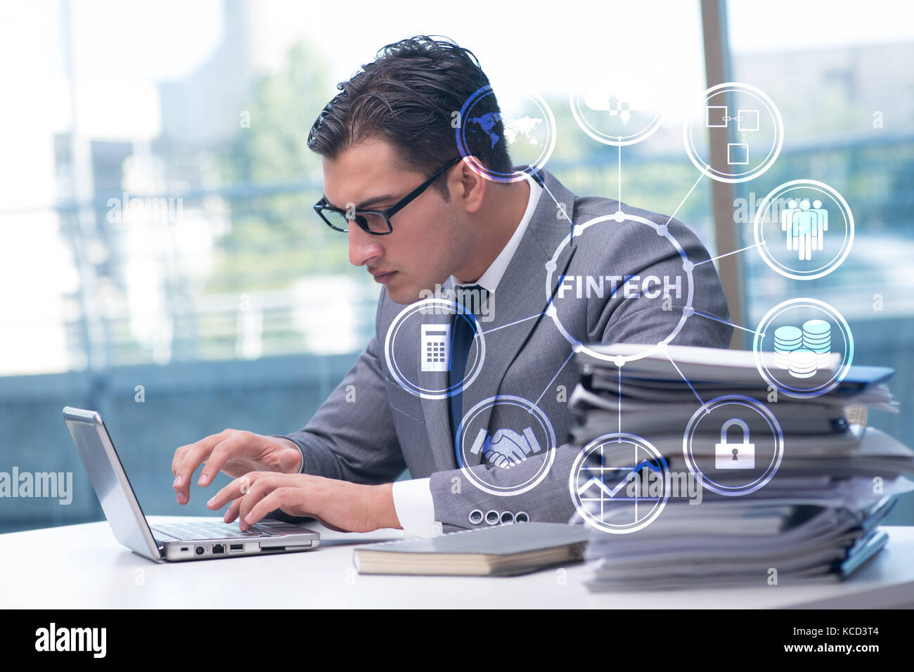 Businesswoman with laptop in financial technology fintech concept Stock ...