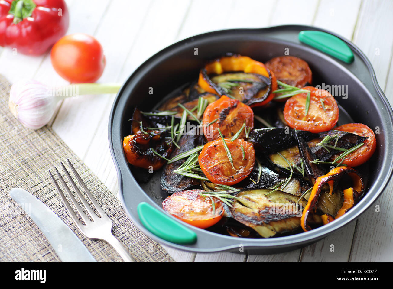 Vegetables grilled pan fried eggplant and tomatoes Stock Photo - Alamy