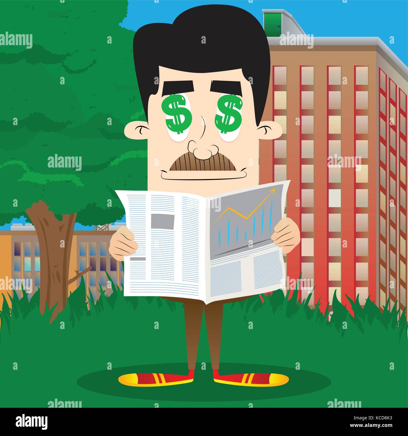 Happy smiling successful business office worker reading newspaper with ...