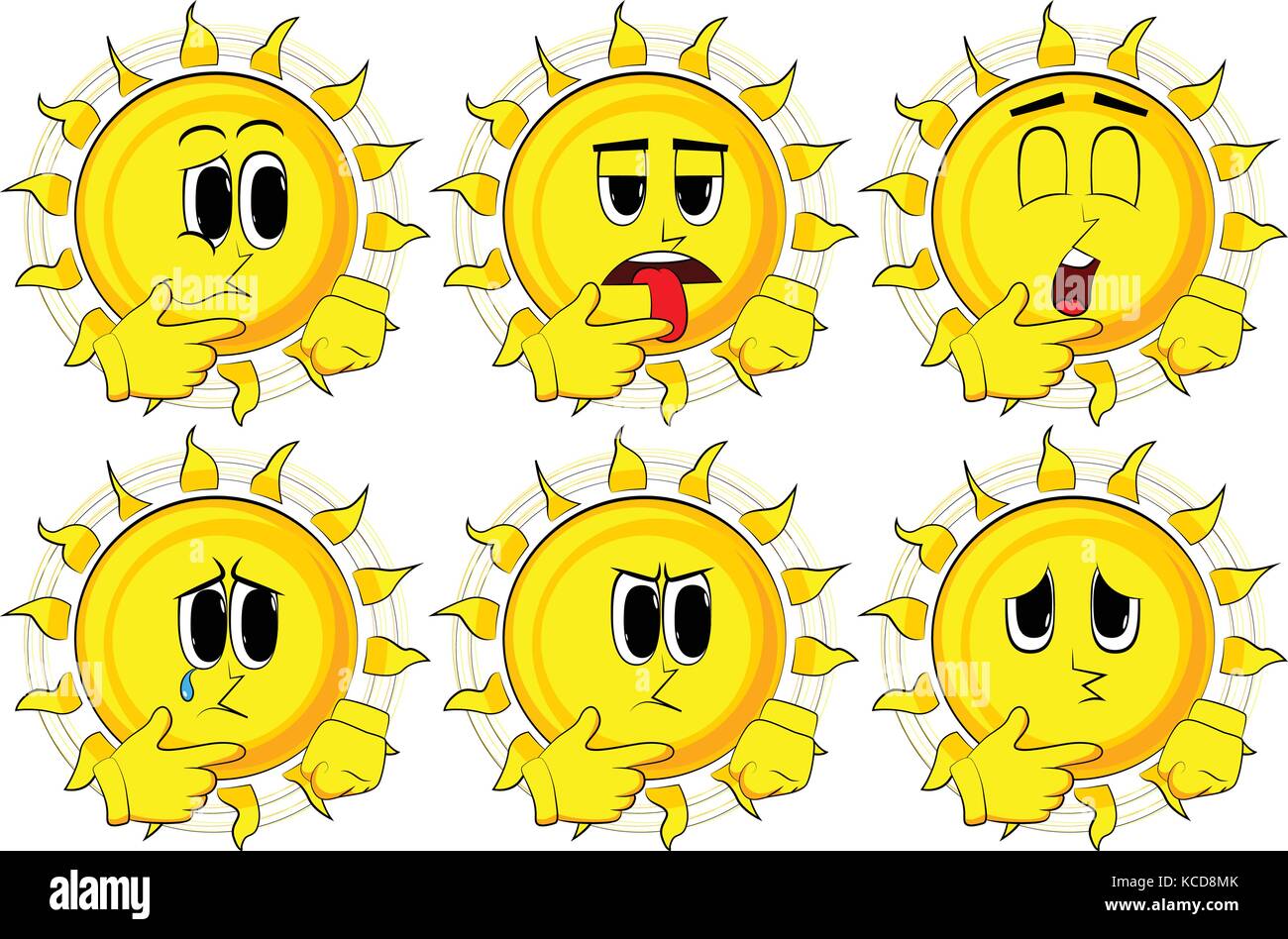 Cartoon sun thinking or pointing to his left side. Collection with sad ...