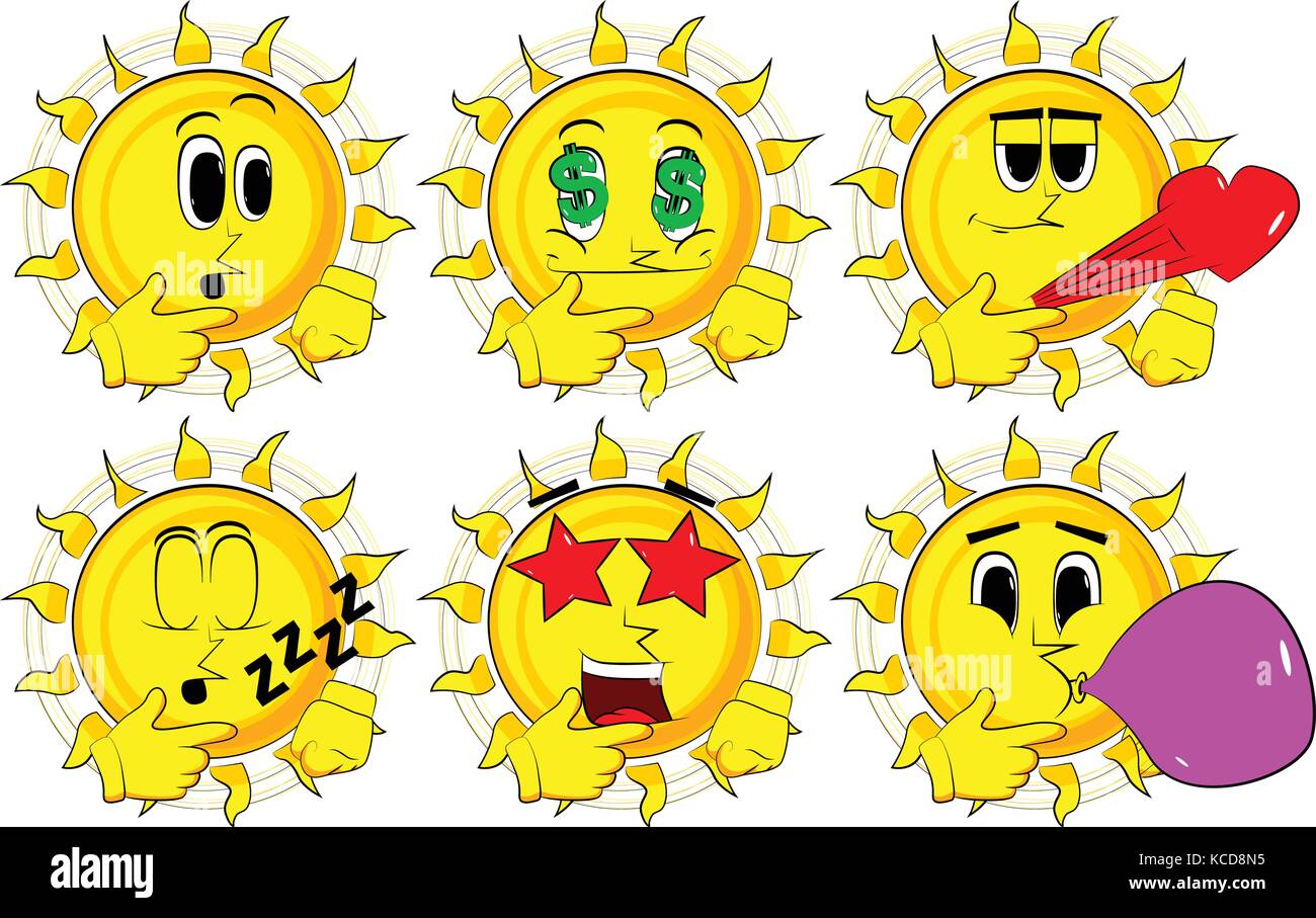 Cartoon sun thinking or pointing to his left side. Collection with ...