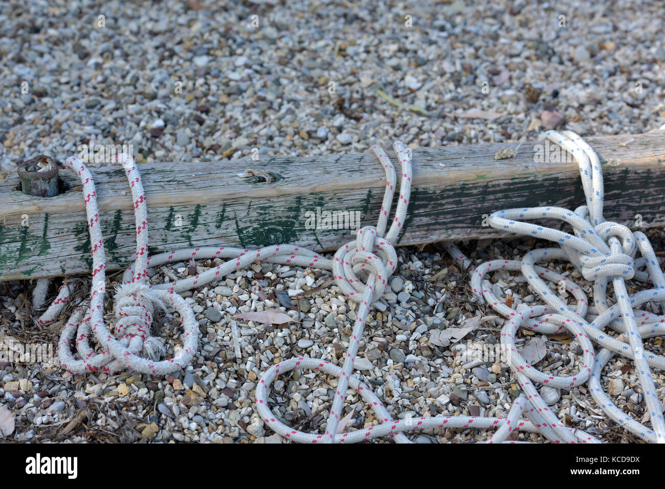 a piece of driftwood and some old weather worn ropes knotted around a ...