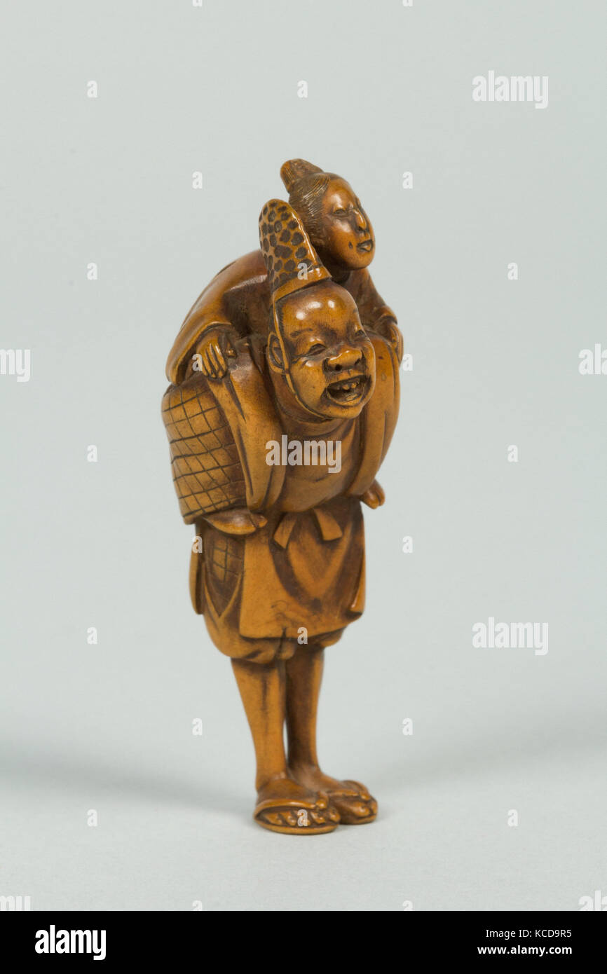 Netsuke of Man with Boy on His Back, 19th century, Japan, Wood, H. 2 1/ ...