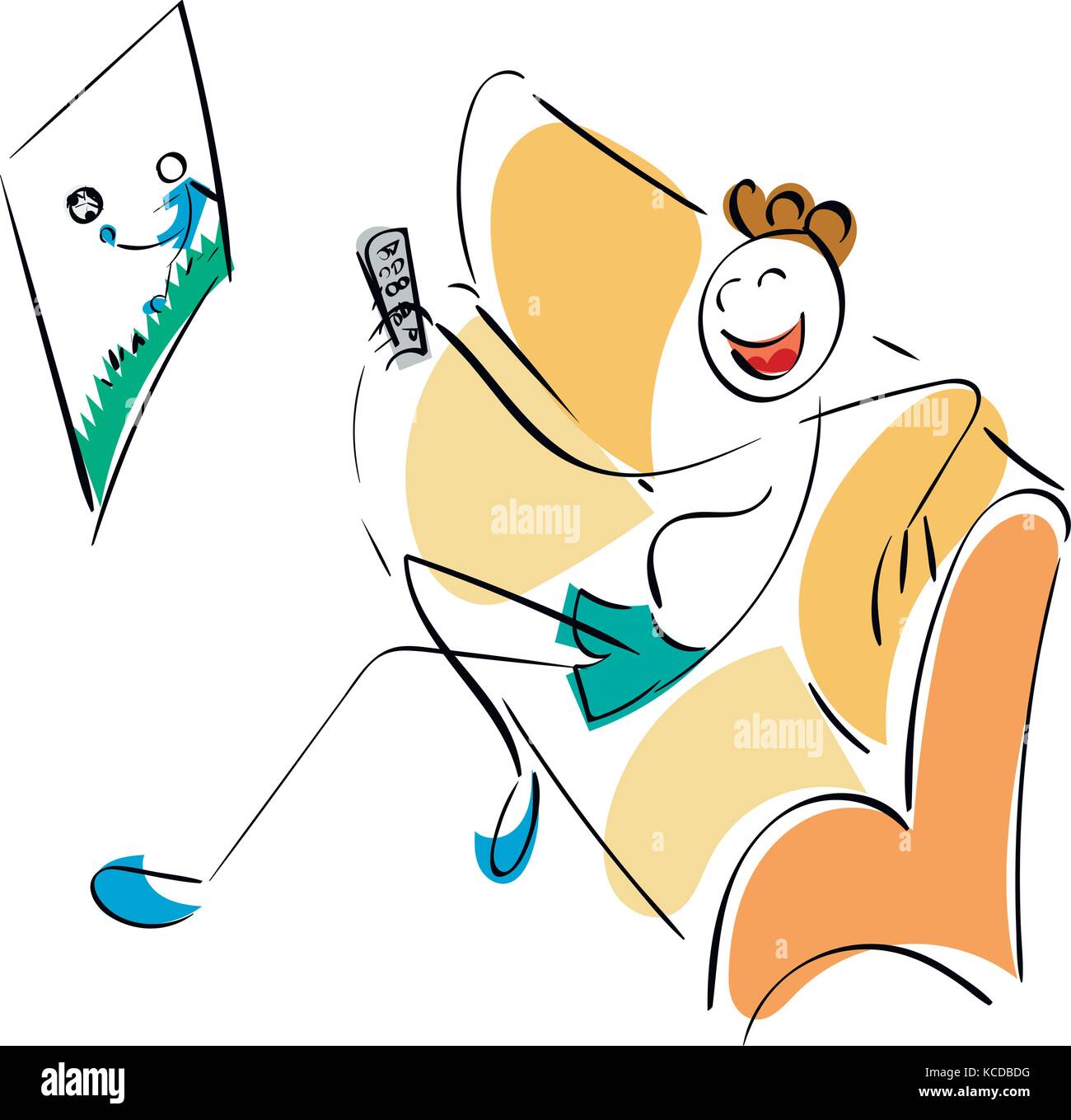 Doodle stickman illustration concept. Fat man on a sofa watching the ...