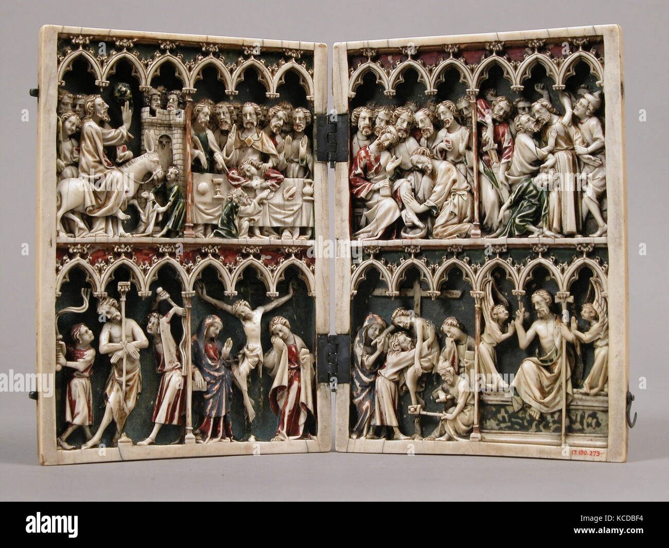 Diptych with Scenes from the Passion, 14th century, French, Ivory with modern polychromy and ...