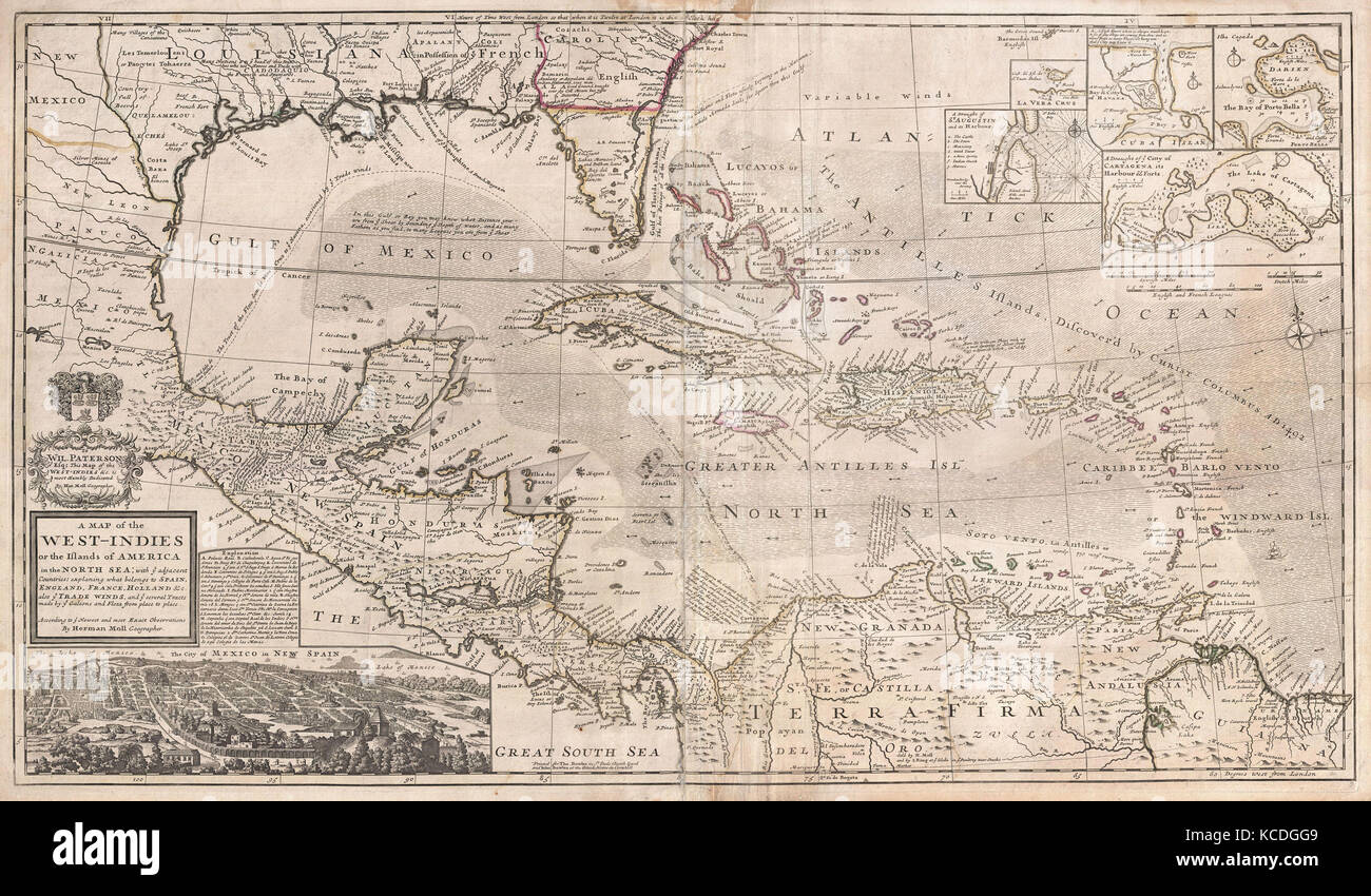 1732, Herman Moll Map of the West Indies, Florida, Mexico, and the ...