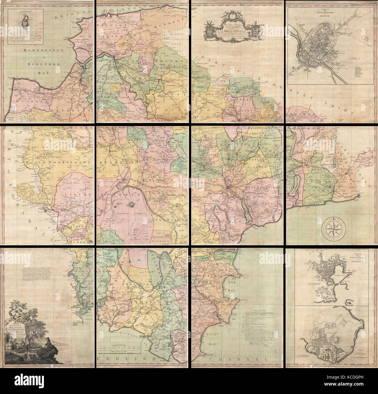 1765, Benjamin Donn Wall Map of Devonshire and Exeter, England Stock ...