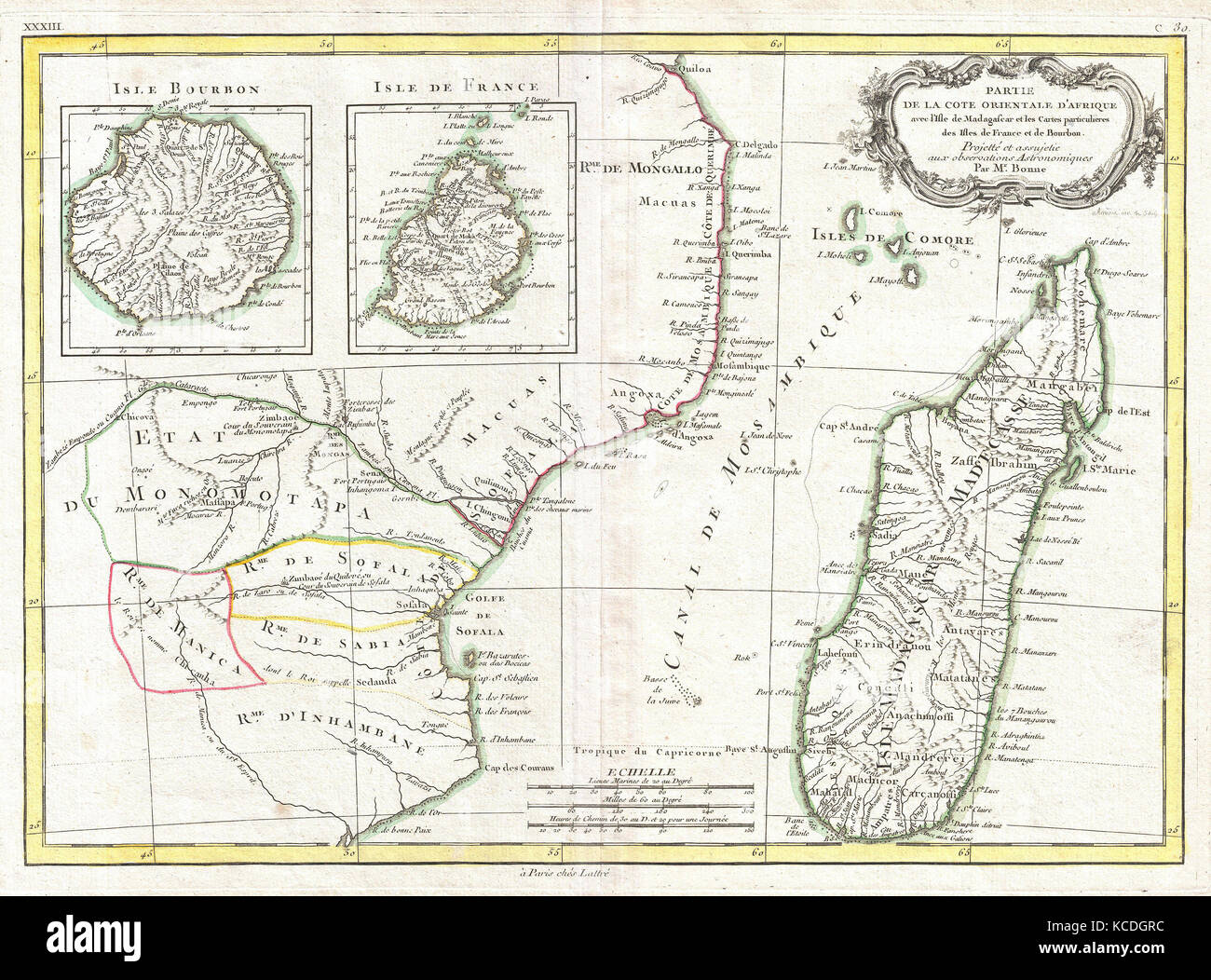 1770, Bonne Map of East Africa, Madagascar, Isle Bourbon and Mauritius ...