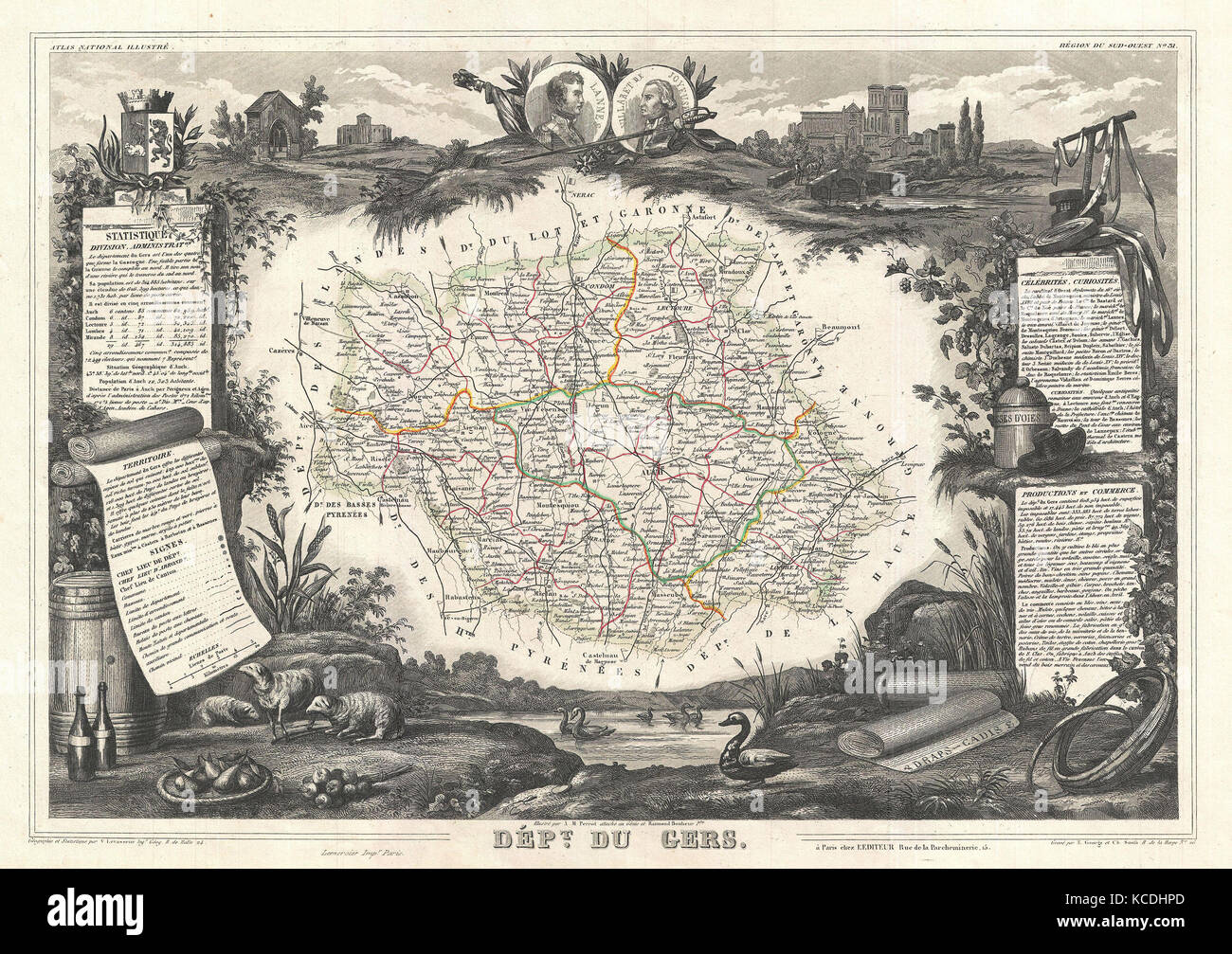 1852, Levasseur Map of the Department du Gers, France, Armagnac Region ...