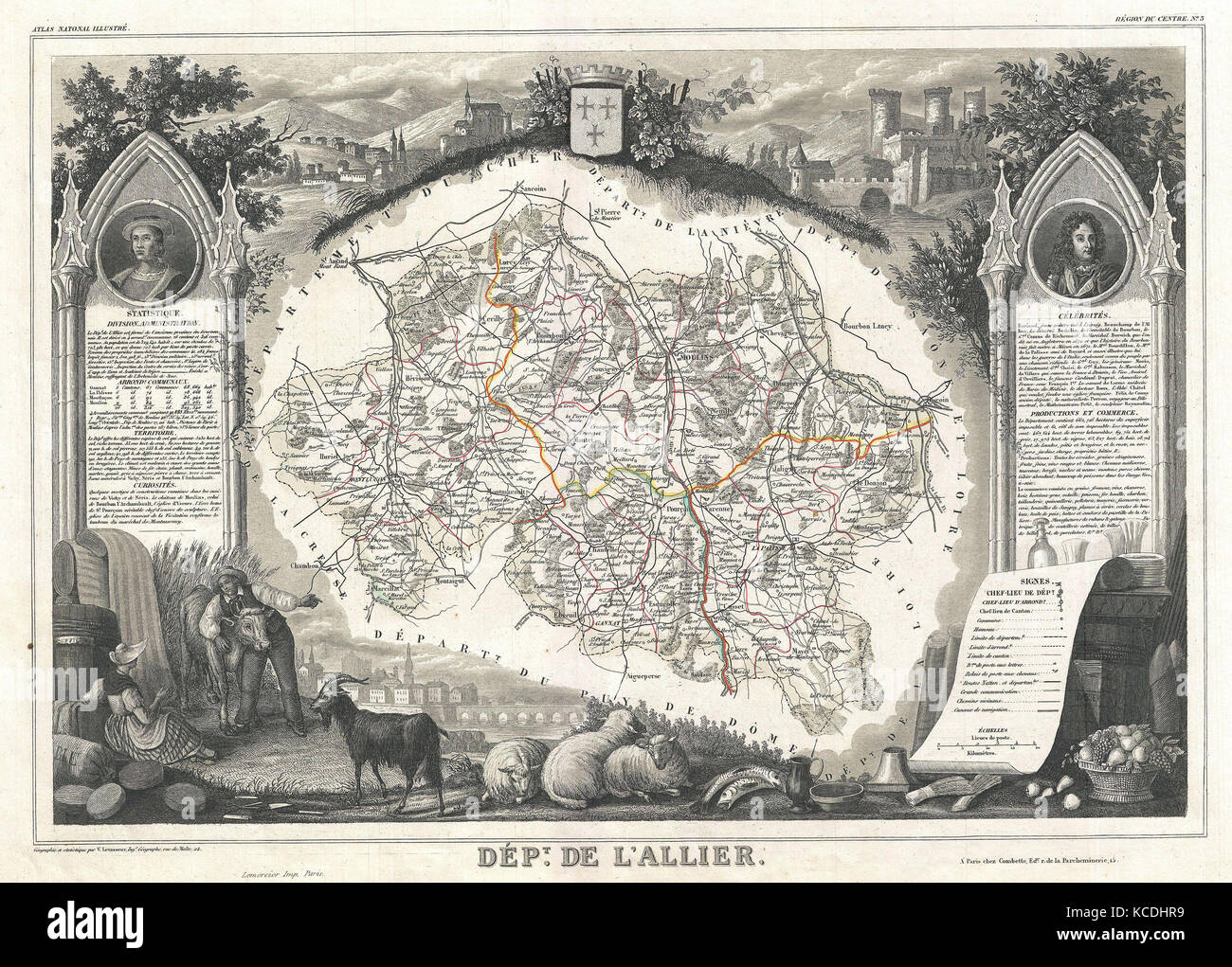 1852, Levasseur Map of the Department L'Allier, France, Saint-Pourrçain ...