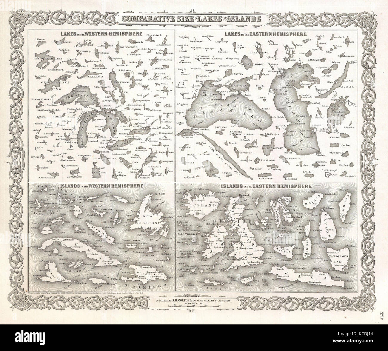 1855, Colton Map or Comparative Chart of the World's Islands and Lakes ...