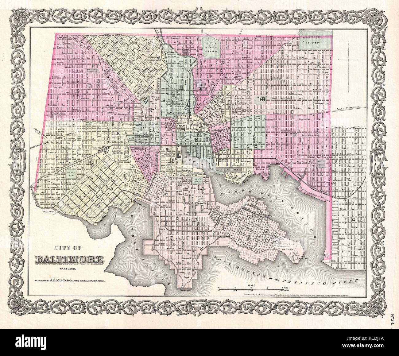 1855, Colton Plan or Map of Baltimore, Maryland Stock Photo - Alamy