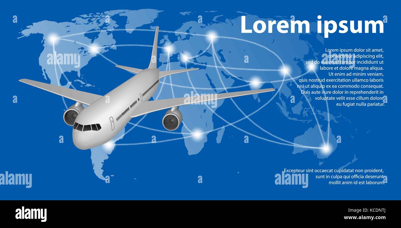 Flying Airplane On World Map With Trace Line Travel Airplane Banner