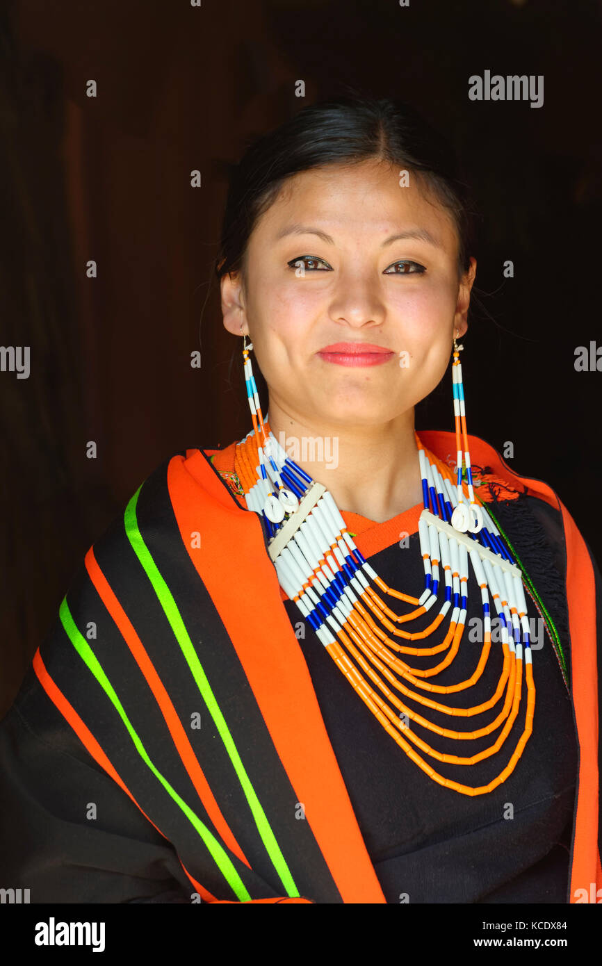 Naga tribal woman in traditional clothing, Kisima Nagaland Hornbill festival, Kohima, Nagaland ...