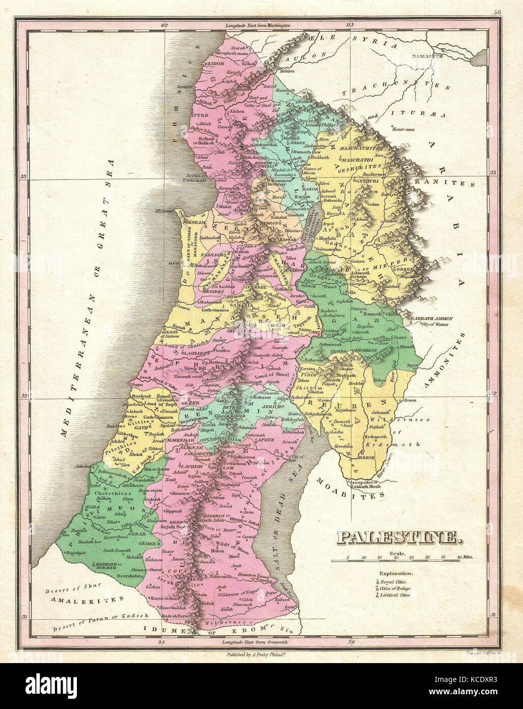 1827, Finley Map of Israel, Palestine, Holy Land, Anthony Finley ...