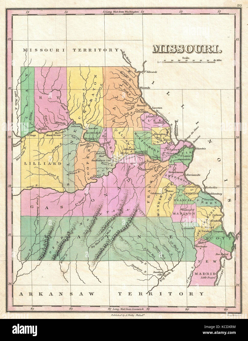 1827, Finley Map of Missouri, Anthony Finley mapmaker of the United ...
