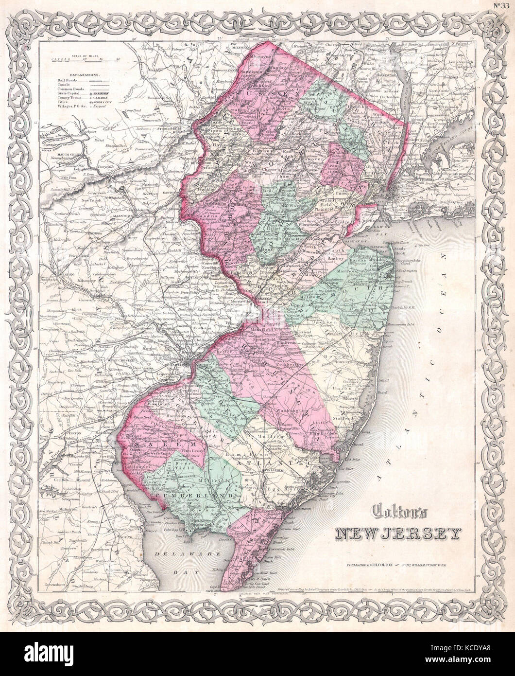 1855, Colton Map of New Jersey Stock Photo - Alamy
