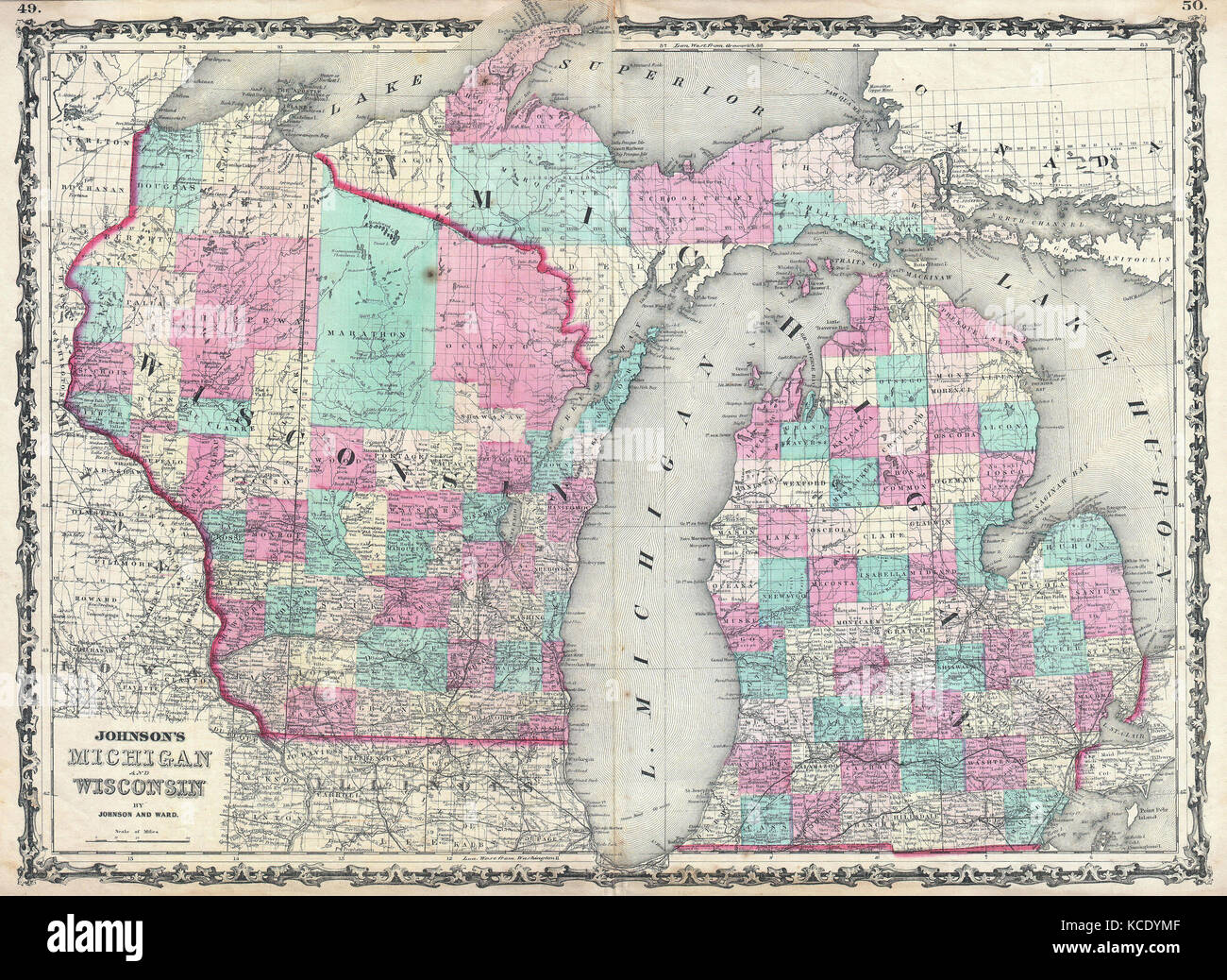 1862, Johnson Map of Michigan and Wisconsin Stock Photo - Alamy